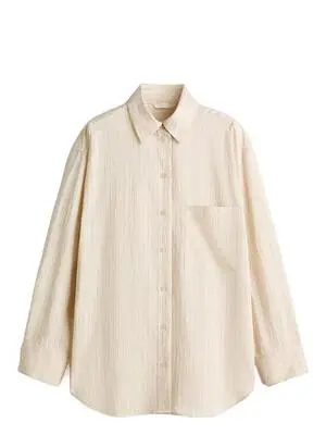 H&m Oversized Shirt With Classic Collar And Button-up Front - Light Beige/pinstriped