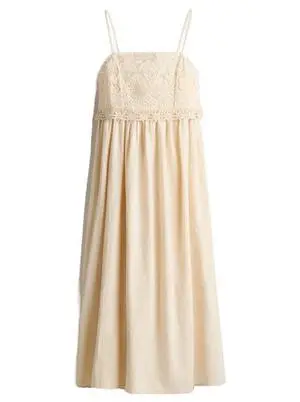 H&m Cotton Strappy Midi Dress With Crochet Detail - Light Beige