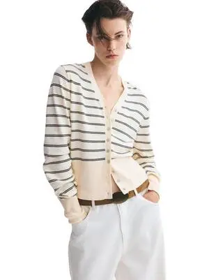 H&M Fine-Knit V-Neck Cardigan Light Beige/striped
