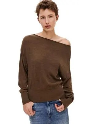 H&m Fine-knit One-shoulder Top With Boat Neckline And Gathered Cuffs - Brown
