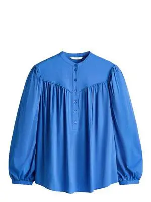 H&m Oversized Blouse With Band Collar And Balloon Sleeves - Blue