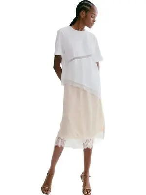 H&m Lace-trimmed Midi Skirt With Slit - Light Beige