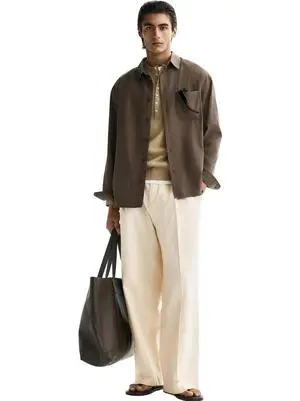 H&m Loose Fit Linen-blend Wide-leg Trousers - Cream