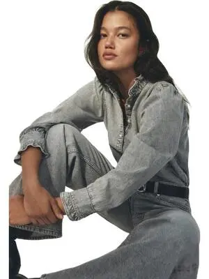 H&m Frill-trimmed Denim Blouse - Gray