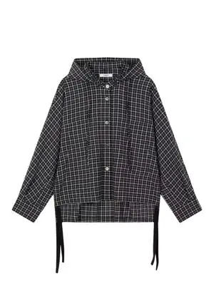 STUDIO TOMBOY Check-pattern Hooded Shirt With Drawstring And Tie-fastening Side Slits - Black