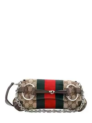 Gucci Horsebit Nm Web Chain Clutch Gg Canvas Small Shoulder Bag - Brown