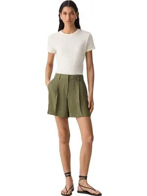 Theory Fluid Pleat Shorts In Washed Twill - Forest Moss