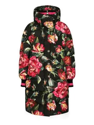 Dolce & Gabbana Floral Print Padded Long Down Jacket - Black