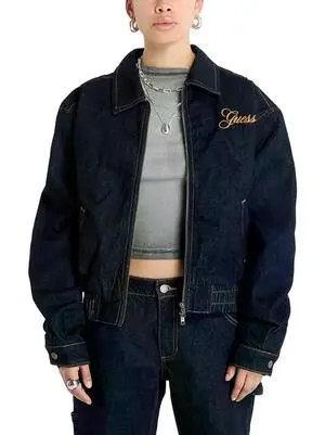 Guess Logo Embroidered Zip Jacket - Blue