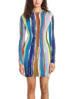 Desigual Ribbed Knit Mini Dress With Abstract Stripes - Blue