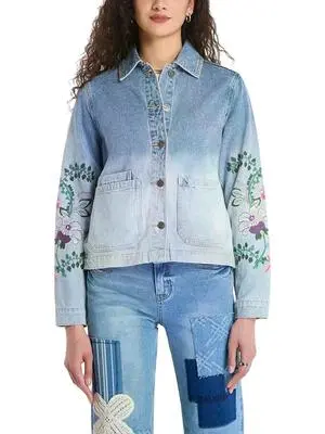 Desigual Floral Embroidered Denim Jacket - Blue