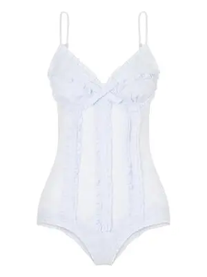SHUSHU/TONG Bow-embellished Ruched Linen Bustier Bodysuit - Blue