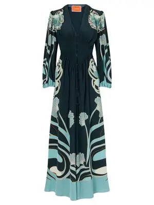 La DoubleJ La DoubleJ Printed Silk Maxi Dress Navy