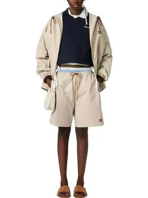 Miu Miu Panama Cotton Bermuda Shorts With Leather Tie Detail - Neutrals