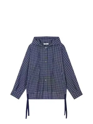 STUDIO TOMBOY Checked Seersucker Drawstring Hem Hoodie - Blue