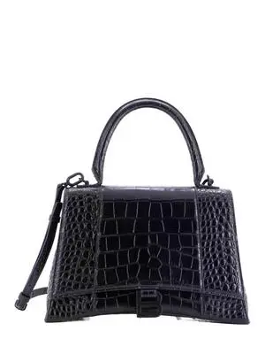 Balenciaga Hourglass Top Handle Bag Crocodile Embossed Leather Medium Crossbody Bag - Black