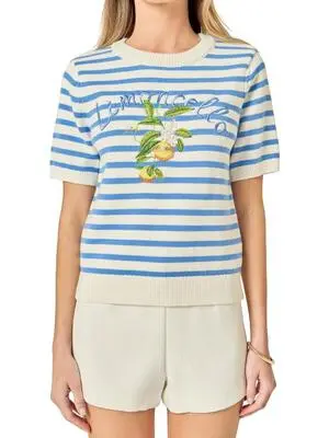 English Factory Lemoncello Stripe Short Sleeve Cotton Sweater - White/blue