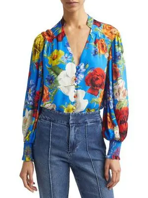 Alice + Olivia Serena Floral Button-up Top - Endless Blossom Sm Blue Iris