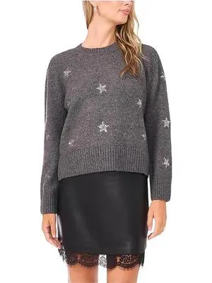 Vince Camuto Crew Neck Sweater With Star Embellishments - Gray