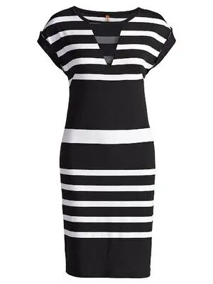 CONQUISTA Striped Dress With Sheer V-neckline Detail - Black