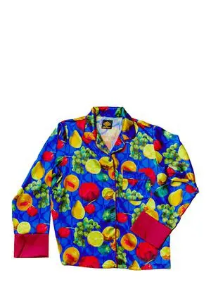HOUSE OF CASWELL Mia Silk Shirt Printed Fruit Motif Long Sleeve - Blue