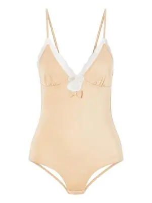 Chloé Lace-trimmed Stretch-jersey Bodysuit With Bow Detail - Neutrals