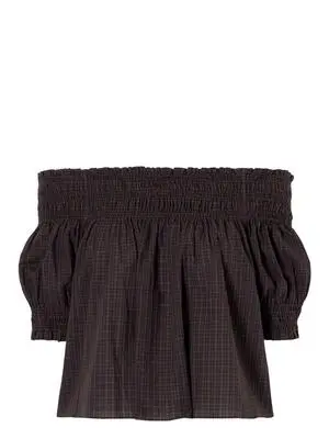 Matteau Shirred Off-the-shoulder Checked Cotton Blouse - Brown