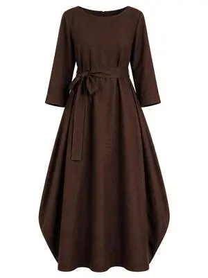 NIKKA PLACE Linen Maxi Dress With Balloon Skirt - Brown