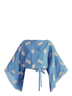 PAISIE Leaf Embroidered Kimono Sleeve Top - Blue