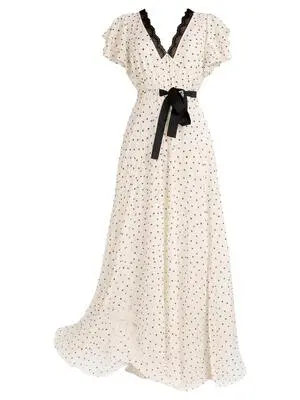 ROSE & NANCY Chloe Polka Dot Lace Detail Tie Waist Maxi Dress - White