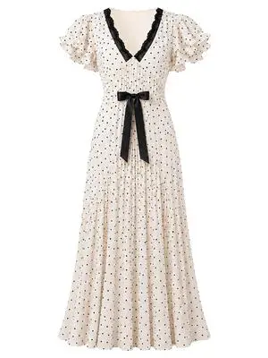 ROSE & NANCY Chloe Polka Dot Lace Detail Tie Waist Maxi Dress - White