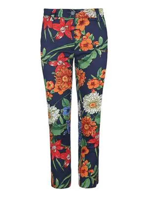 CONQUISTA Floral Print Stretch Gabardine Pants - Black