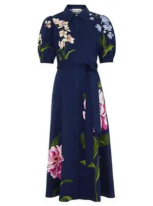 PHASE EIGHT Floral Print Belted Midi Shirt Dress - Navy