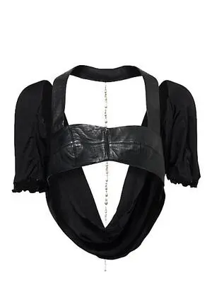GRACE FAENA Zebra Pearl Embellished Leather And Silk-jersey Top - Noir