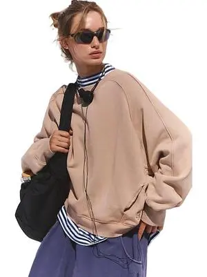 Free People Trackline Crewneck Sweatshirt - Sandy