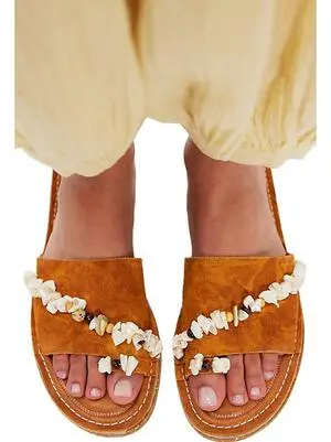 Free People Artisanal Suede Toe Ring Sandals With Shell Embellishments - Tan