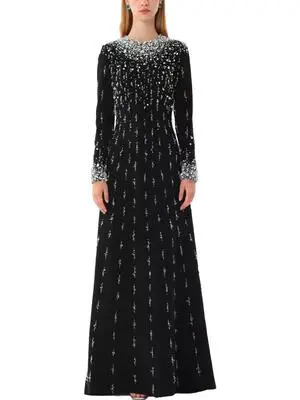 DINA MELWANI Crystal Embellished Long Sleeve Maxi Dress - Black