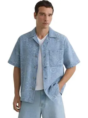 REISS Merito Denim Jacquard Short-sleeve Shirt - Soft Blue