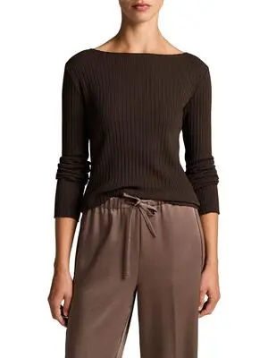 Vince Ribbed Cotton-blend Slash-neck Long-sleeve Top - Iron