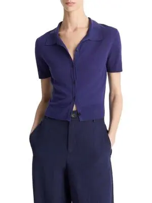 Vince Wool-blend Collared Button-front Sweater - Deep Iris