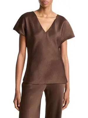 Vince Satin V-neck Blouse With Cap Sleeves - Espresso