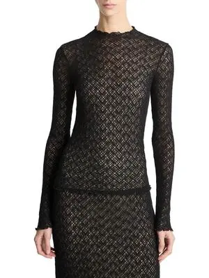 Vince Cotton-blend Diamond Lace Mock Neck Long Sleeve Top - Black