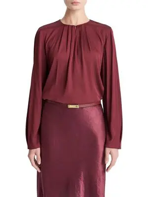 Vince Silk-blend Pleated Neck Blouse - Bordeaux