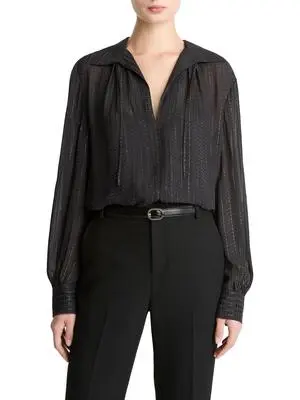 Vince Metallic Stripe Gathered Blouse - Black