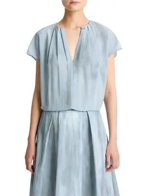 Vince Washed Ombré Silk Gathered Cap-sleeve Blouse - Azura Wash