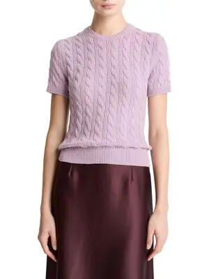 Vince Vince Cable Knit Wool & Cashmere-Blend Short-Sleeve Sweater Amethyst