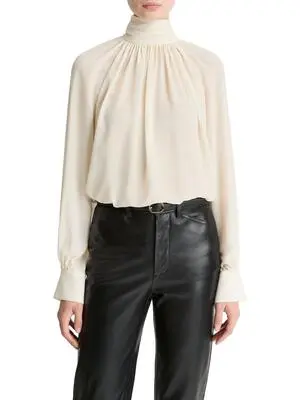 Vince Gathered Draped-neck Crepe Blouse - Cream