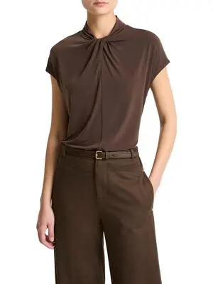 Vince Twist-neck Matte Jersey Cap-sleeve Top - Dark Bark