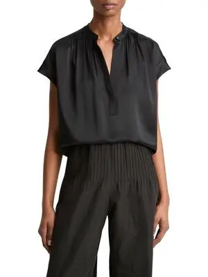 Vince Vince Silk Gathered Cap-Sleeve Blouse Black