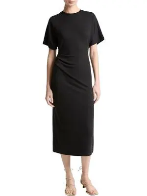 Vince Ruched Side Knit Short Sleeve Midi Dress - Black